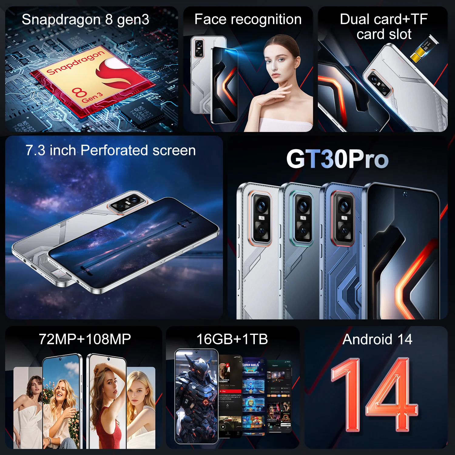5G Mobile Phone GT30 PRO5G Android 14Phone Global Version Facial ...