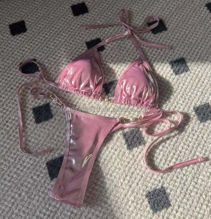 STOCK 4Colors Shinny Triangle Top Bathing Suits With Pearl Bikini Sexi ...