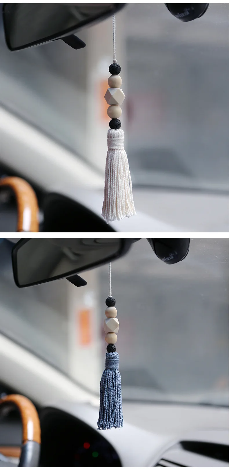 Wood Bead Tassel Car Mirror Accessory Lava Stone Essential Oil Diffuser ...