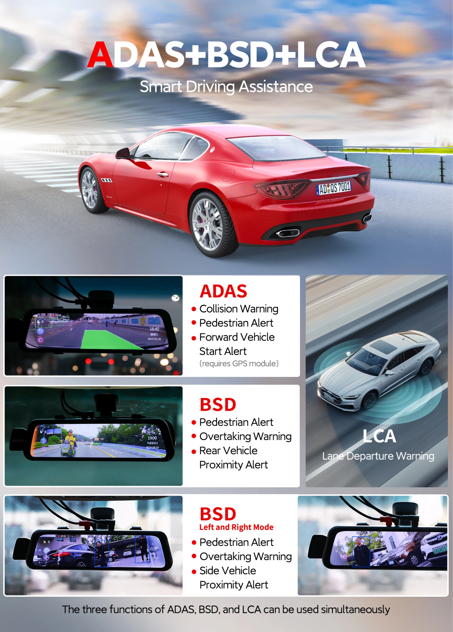4 Channel ADAS WIFI Mirror Car Camera Dash Cam - Night Vision