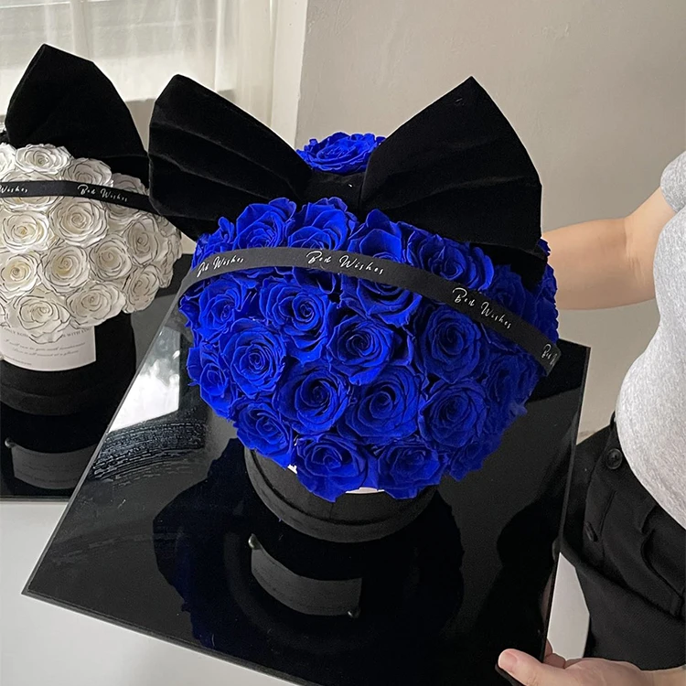 Bowknot Eternal Flower Embracing Bucket Preserved Rose in Acrylic Box ...