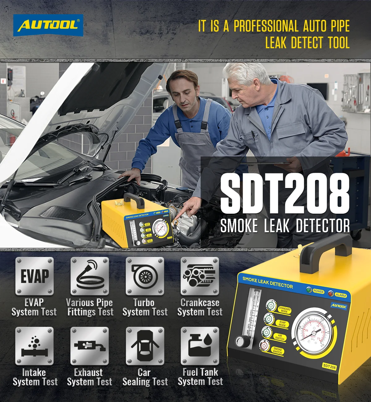 AUTOOL SDT208 Smoke Leak Detector - Universal Vehicle Application