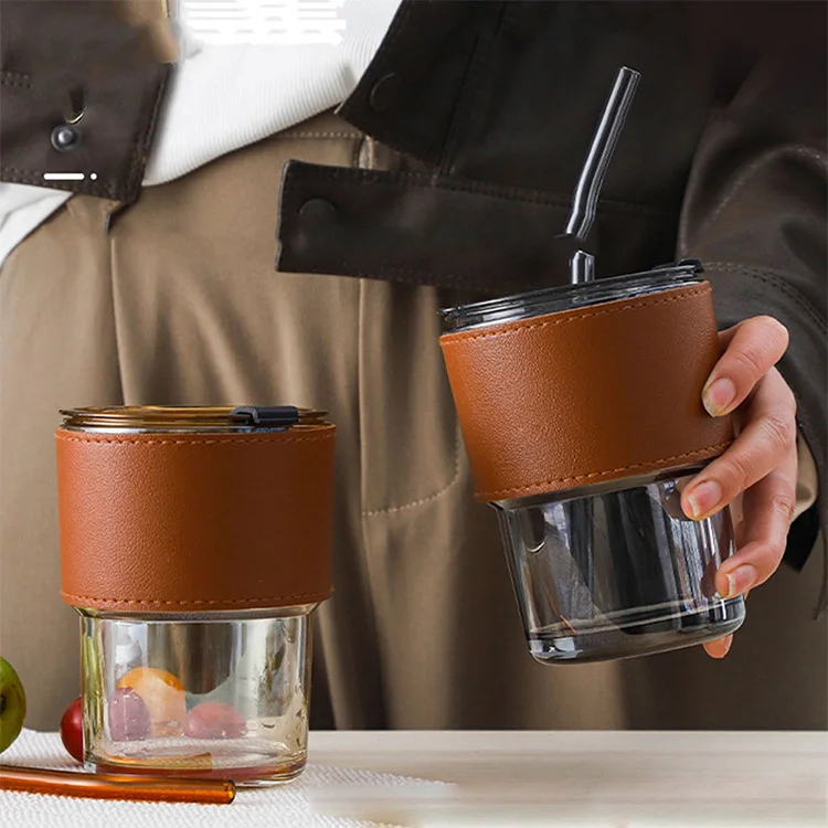 Wholesale 450ml Clear Glass Slub Cup with Lid & Straw