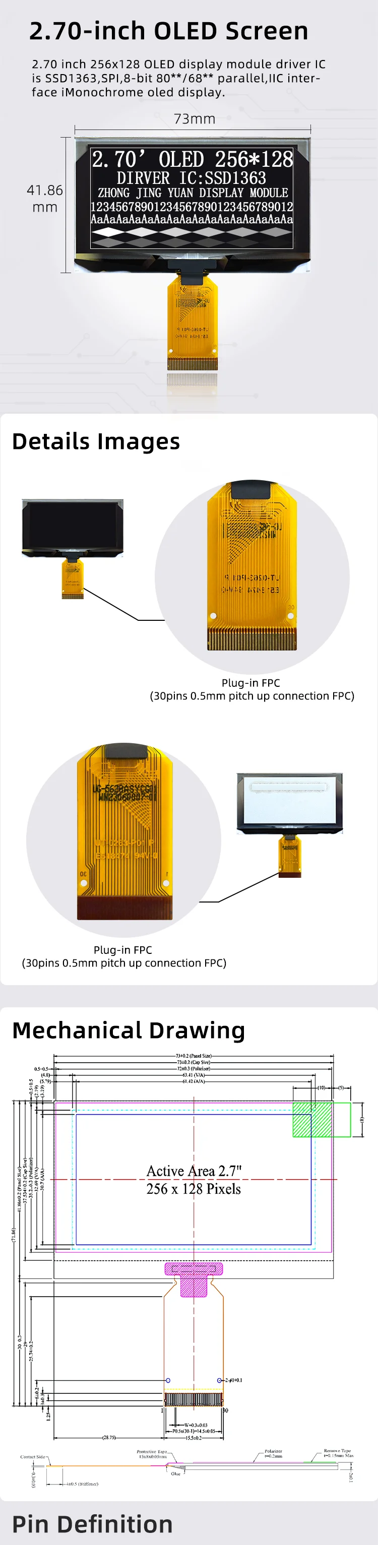2.7 Inch OLED Display Module with SSD1363 Driver IC