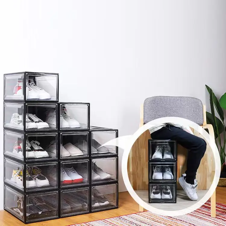 Household 12 Pack Clear Plastic Drawer Front Opening Shoe Rack ...