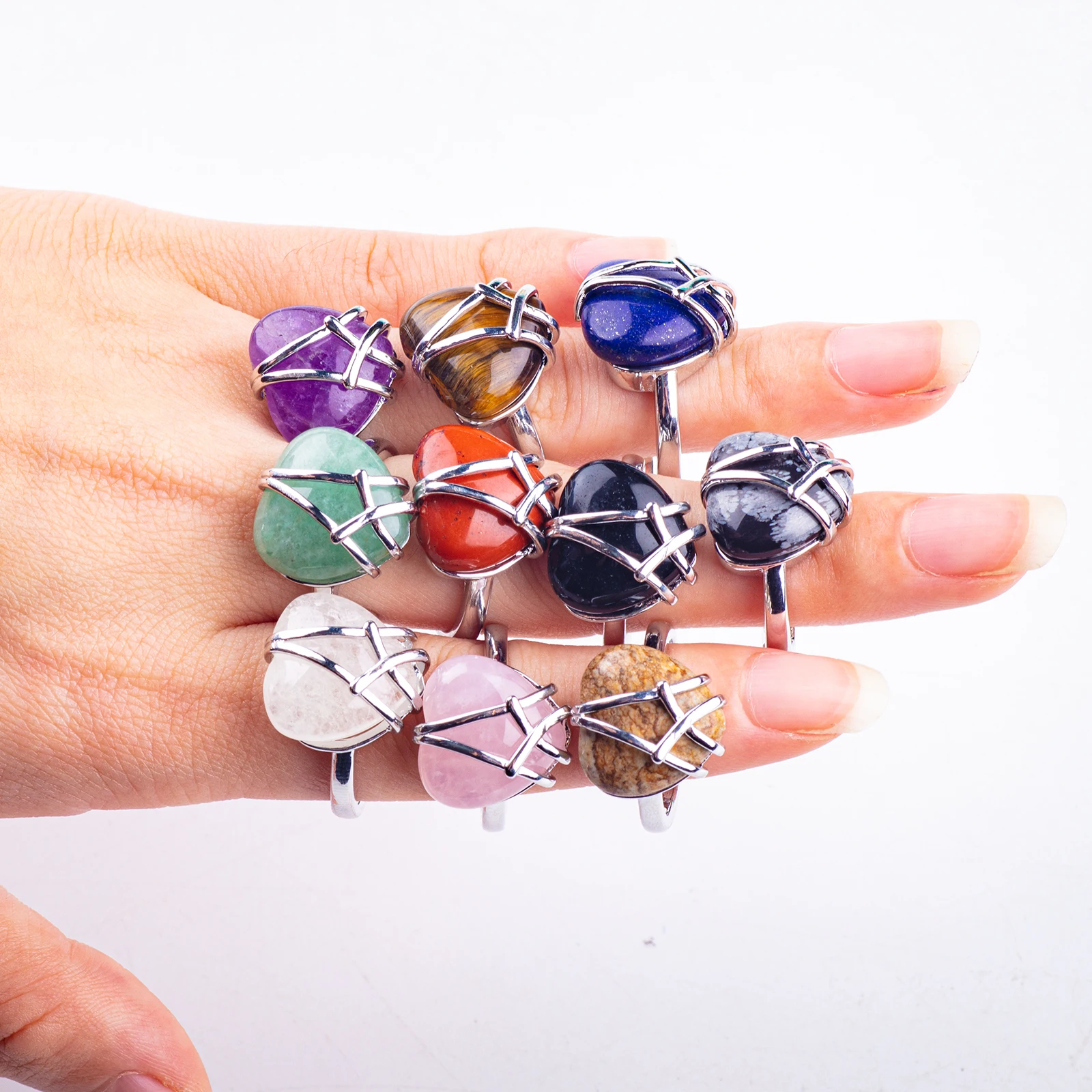 New Style Heart Shape Stone Rings Sliver Wrapped Pendant Rings Crystal ...