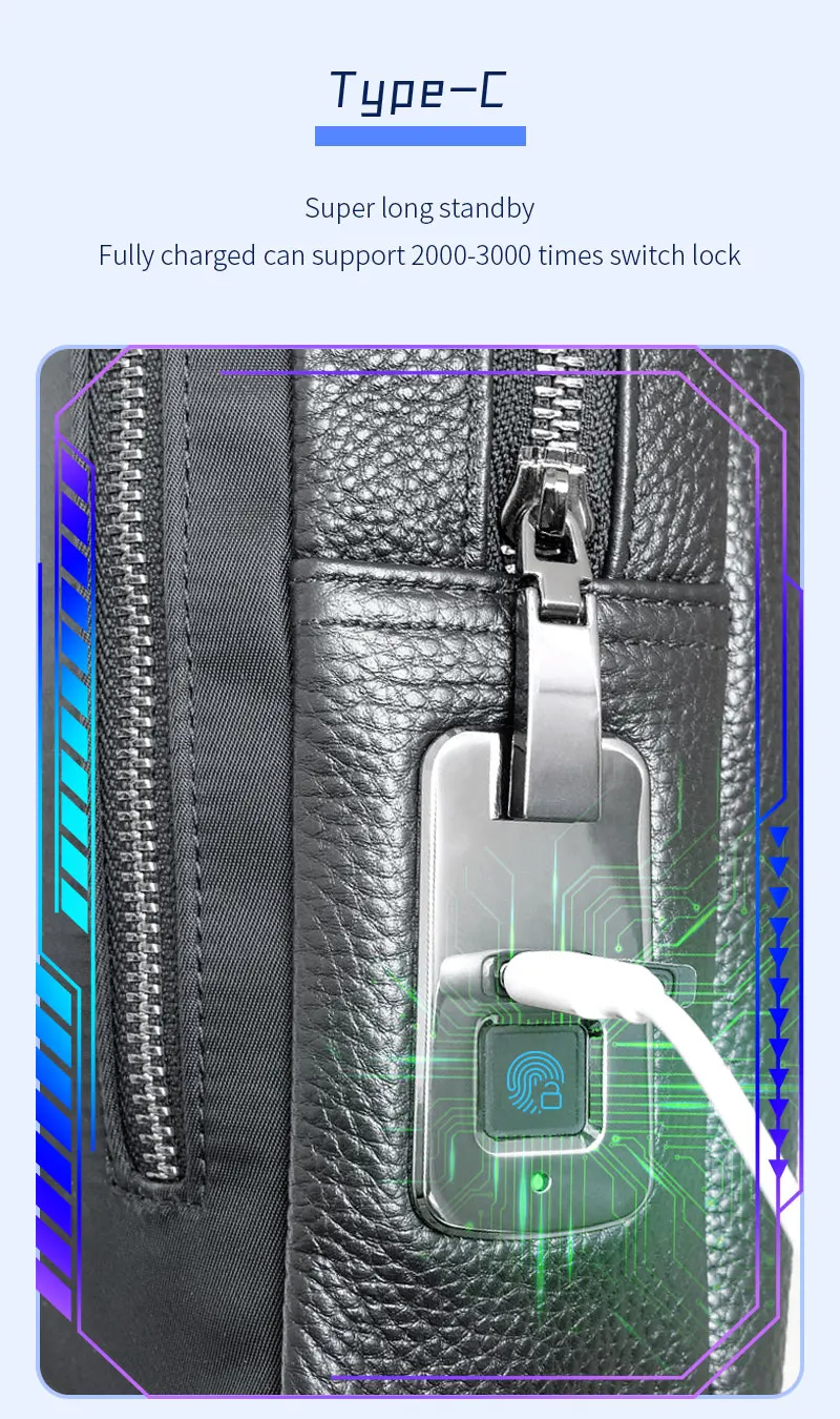 Fingerprint Lock Men Genuine Leather Man Chest Bags Smart Fingerprint ...