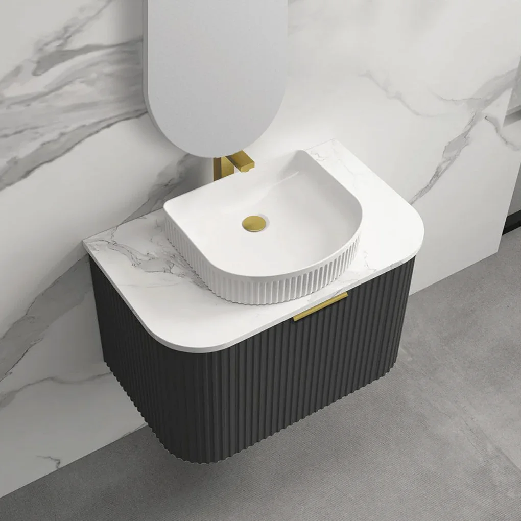 Modern White Wall Mounted Bathroom Furniture - Fluted Curved Floating ...