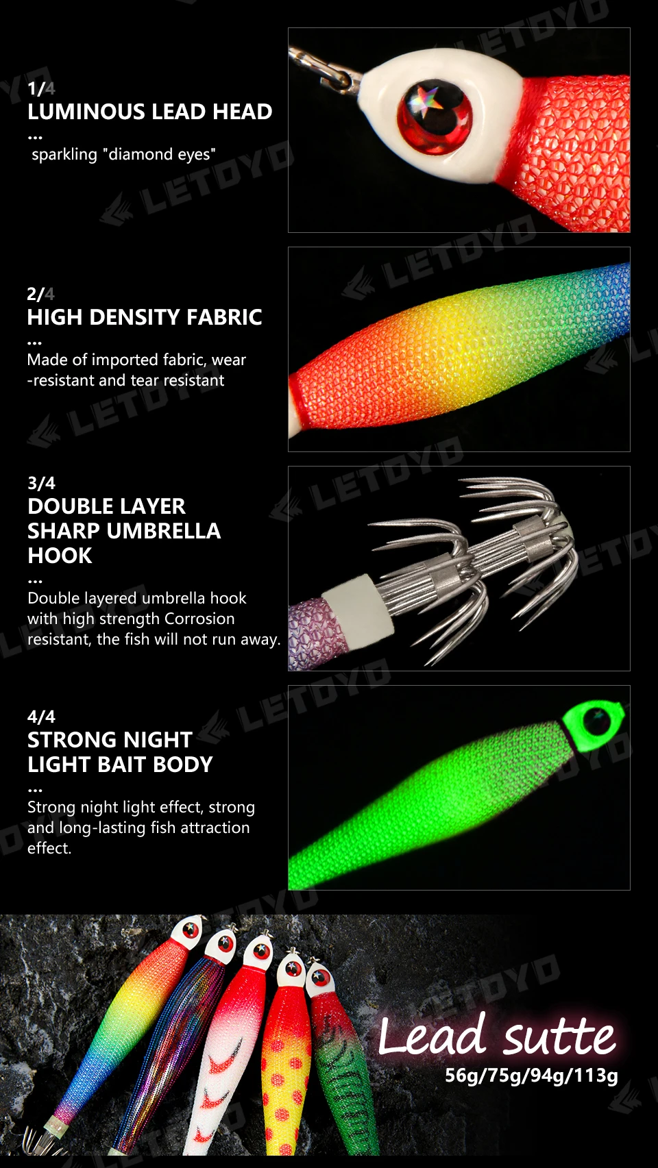 LETOYO Lead Sutte Luminous Duel Squid Jig With Double Layer Umbrella Hook Strong Night Light ...