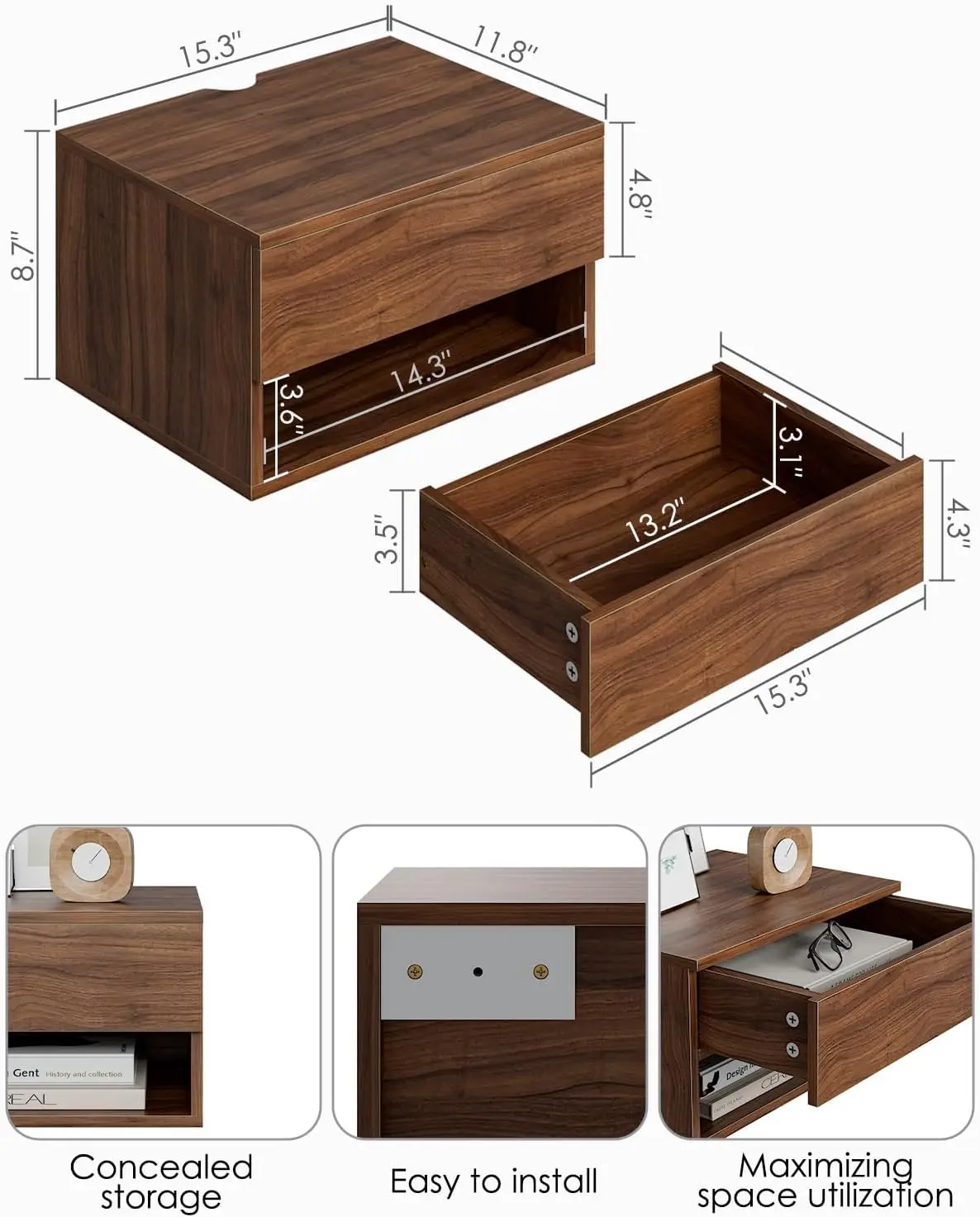 Floating Nightstand,1-drawer With Open Shelf,Floating Shelf Side Table ...