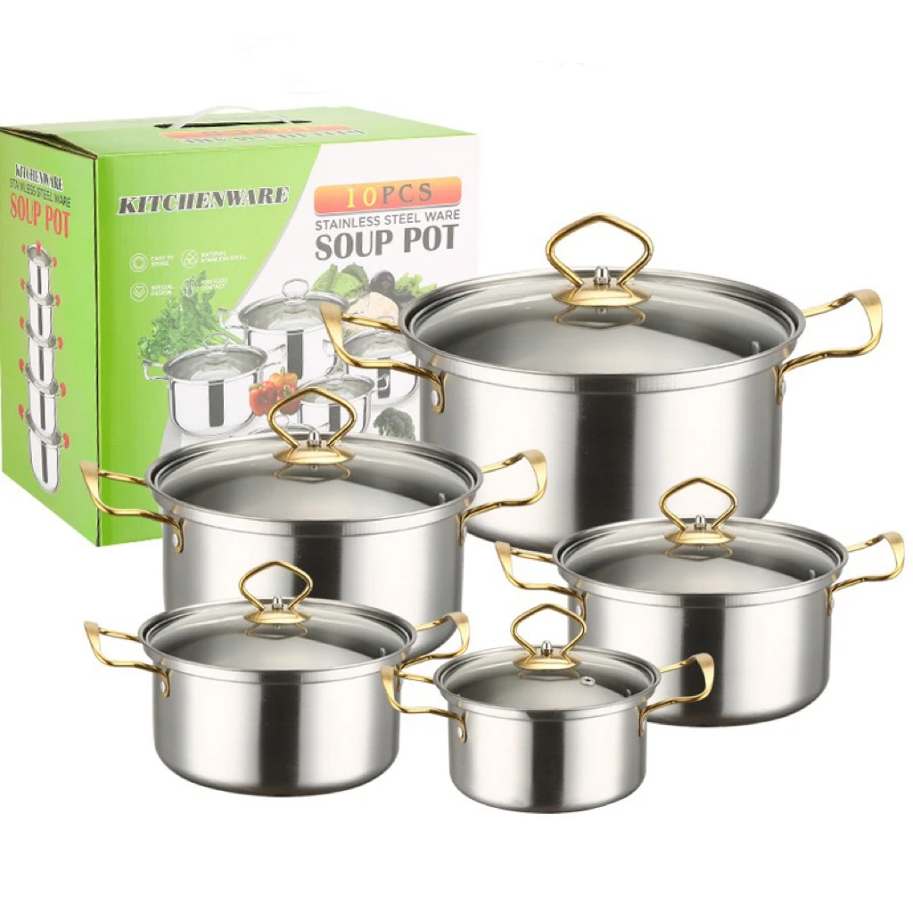 10 Pieces Korean Golden Handle Stainless Steel Cookware Set Casserole ...