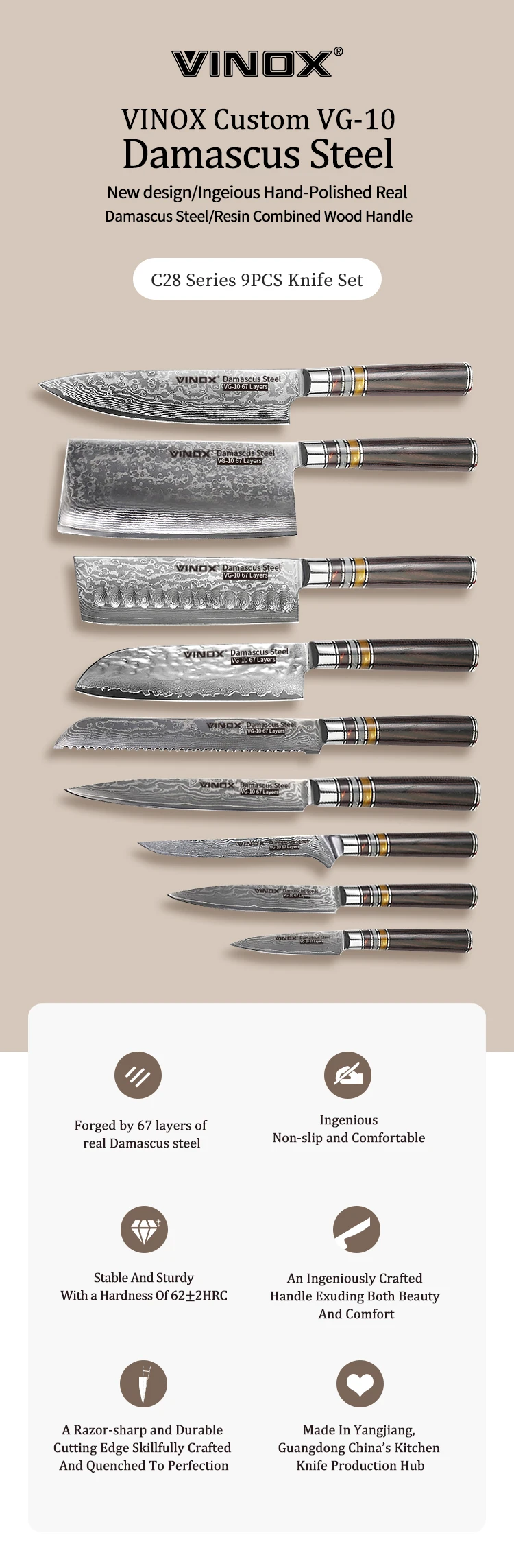 Vinox Customized Messer Premium Damascus Steel Japan Knife 9pcs Kitchen ...