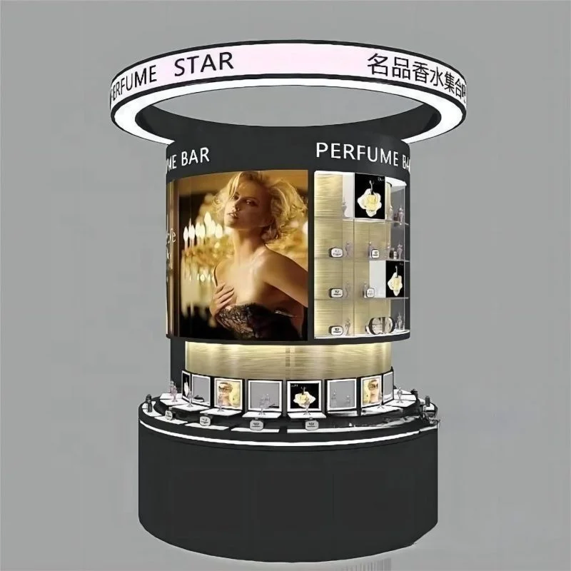 Custom Round Acrylic Display Stand Perfume Display Kiosk Small Black ...