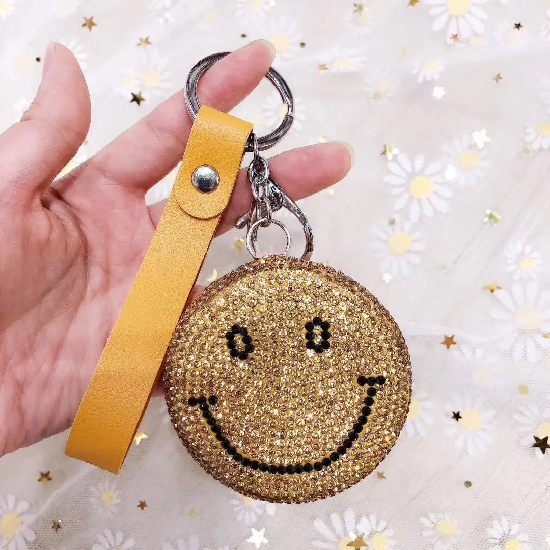 Lovely Smiling Happy Face Mirror Key Ring Diamond Handy Makeup Mirror ...