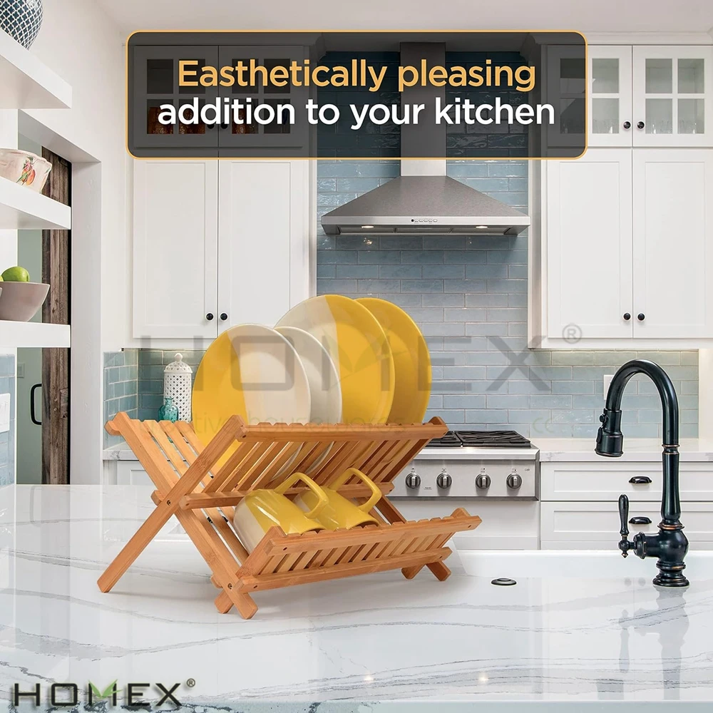 2024 Larger Bamboo Self Drain Dish Rack Dish Bowl Drying Stand Storage ...