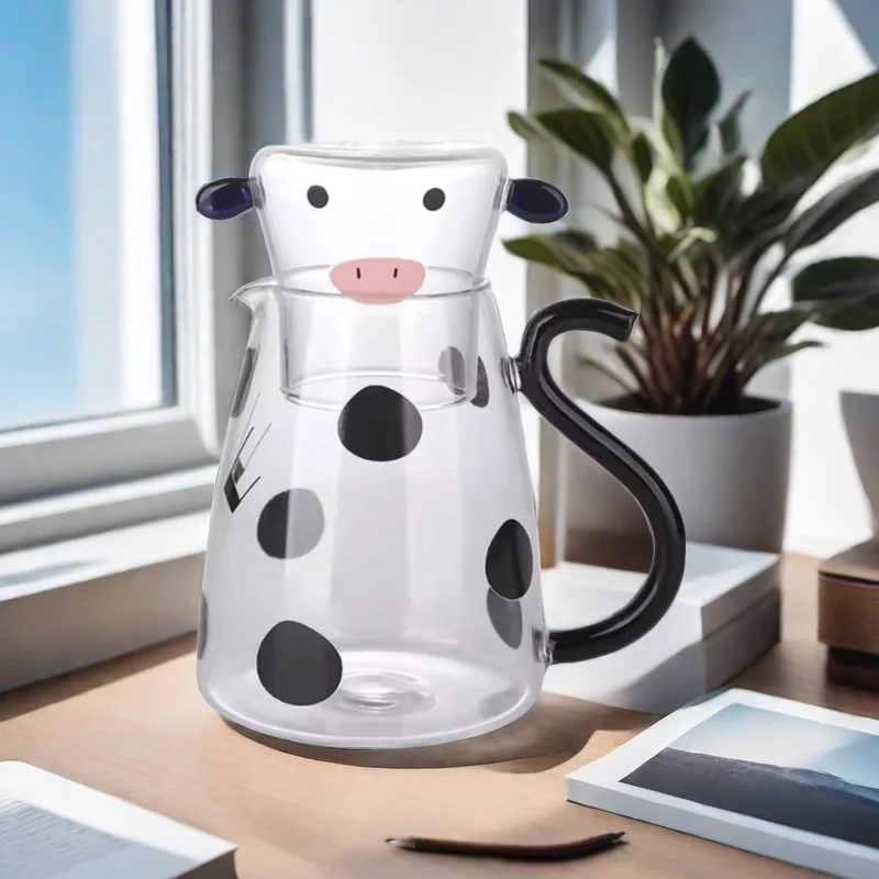 Cute Cow Shape Glass Milk Tea Pitcher Kettle Jug 550 1800ml