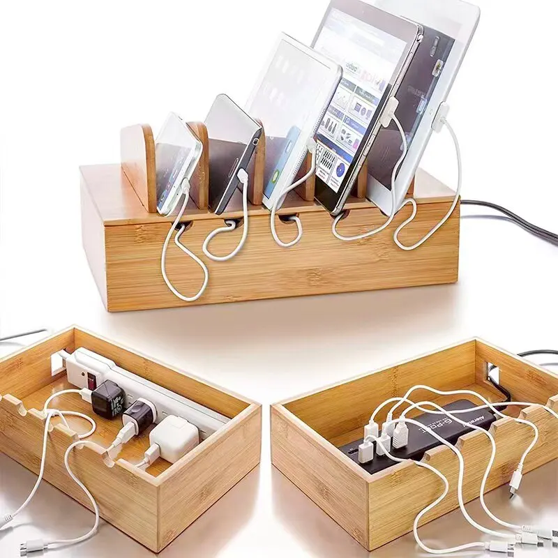 Bamboo Wooden Power Strip & Charging Cable Storage Box Electric Wires ...