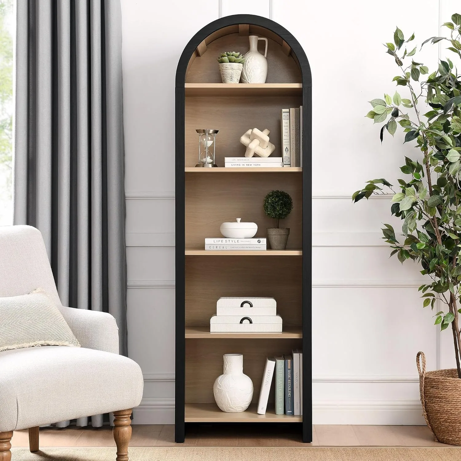 Factory Black Modern Arched 71 Inch Open Shelf Display Cabinet Narrow ...