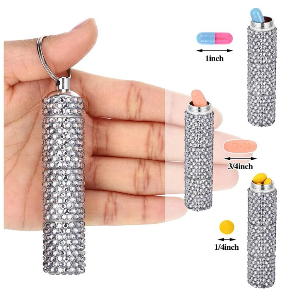 Aluminum Pill Box Rhinestone Keychain Crystal Portable Jewelry Holder ...