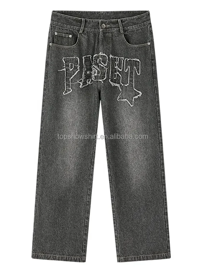 Y2K Custom Logo Acid Wash Men Jeans - Wide Leg & Distressed