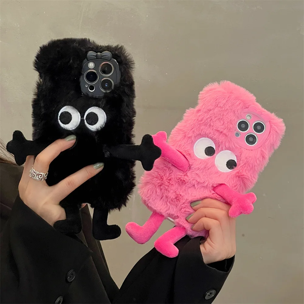 Luxury Kawaii Cartoon Big Eyes Monster Fluffy Fur Plush Phone Case For ...