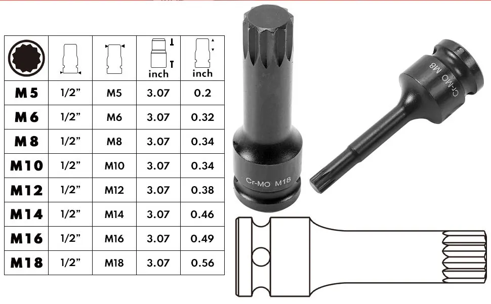 Olen Deep Impact Socket Set 8-24mm Automotive Auto Repairing Xzn Triple Square Spline Bit Socket ...