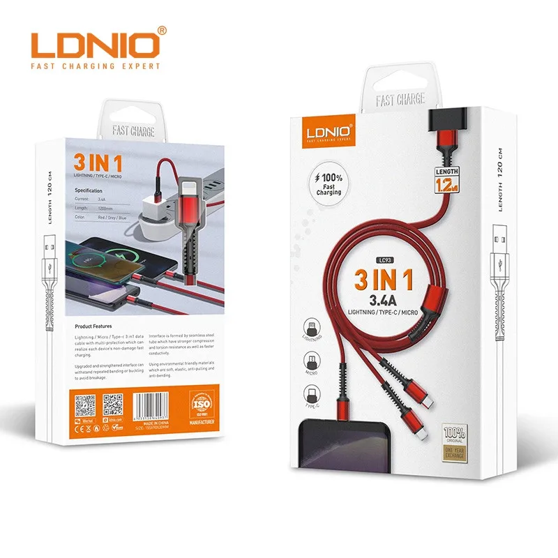 Ldnio Universal 3 In 1 Wire Charging Cable Nylon Usb To Lightning Micro ...