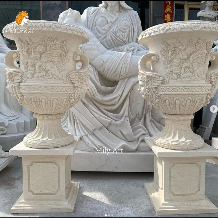 Outdoor Custom Real Marble Hand Carved Planter for Sale