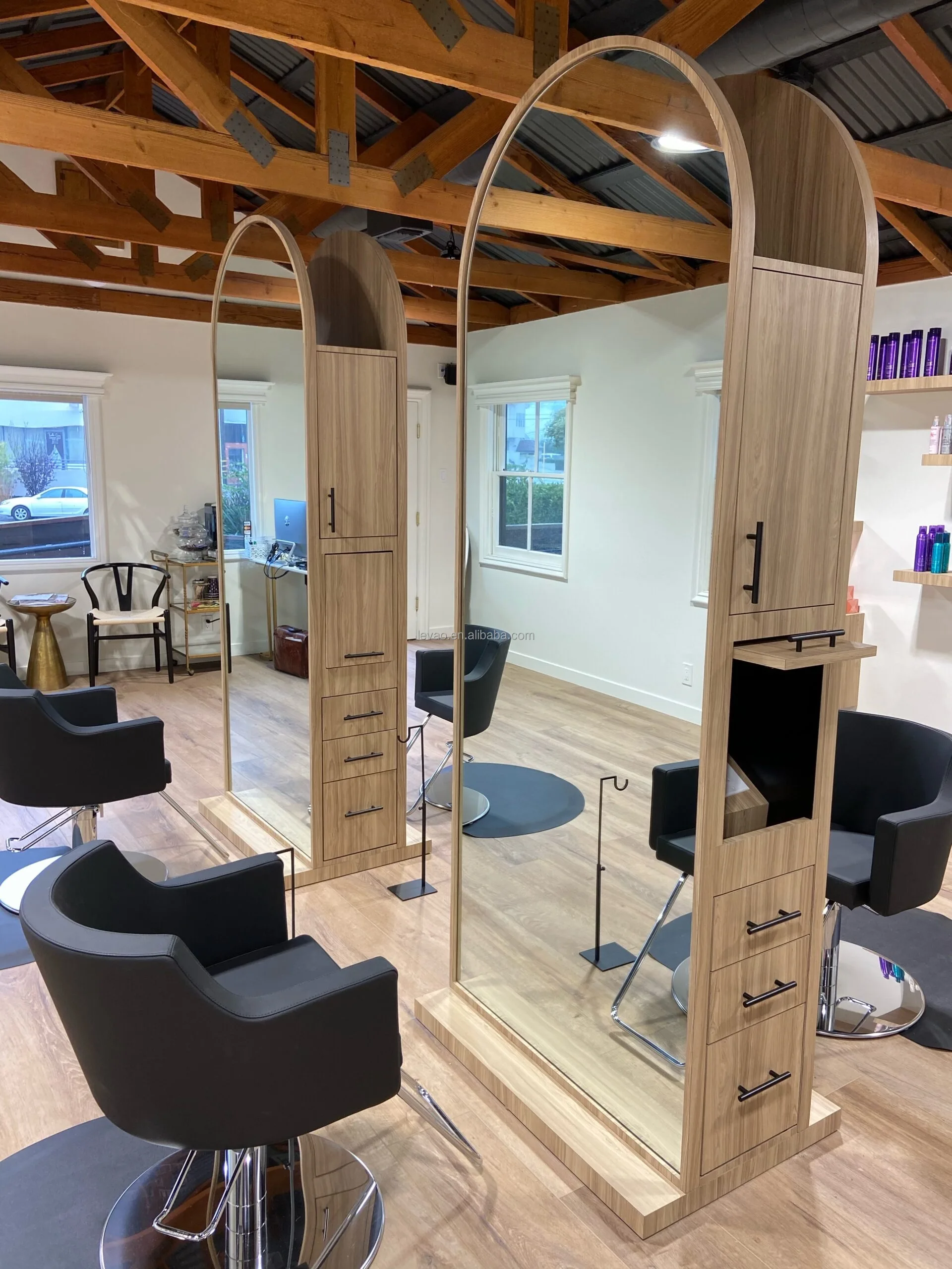 Double Sided Wood Mirror Station - Curved Salon Mirror