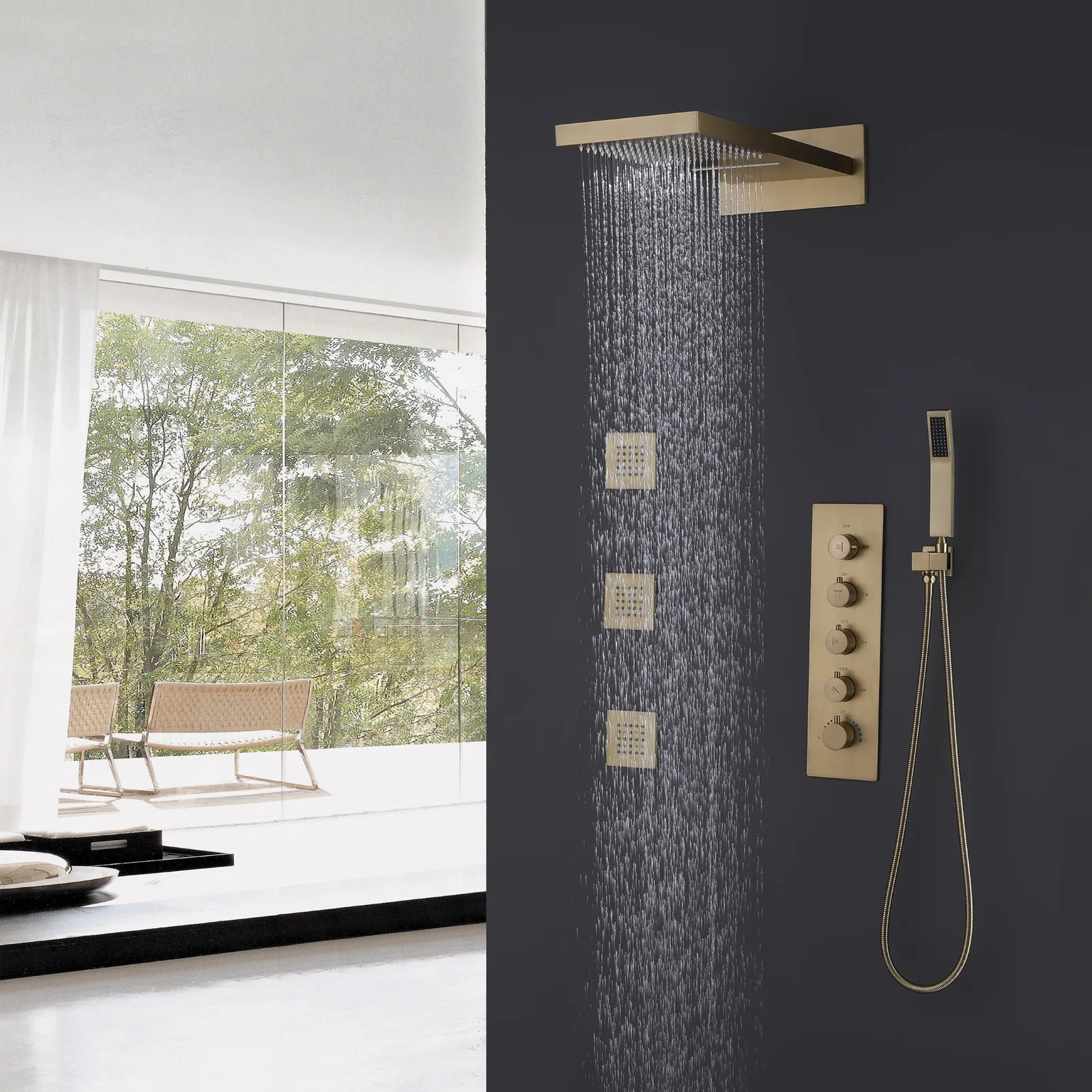 Luxury Brushed Gold Shower Jet Accessories Sets Constant Temperature Wall Mounted Shower System ...