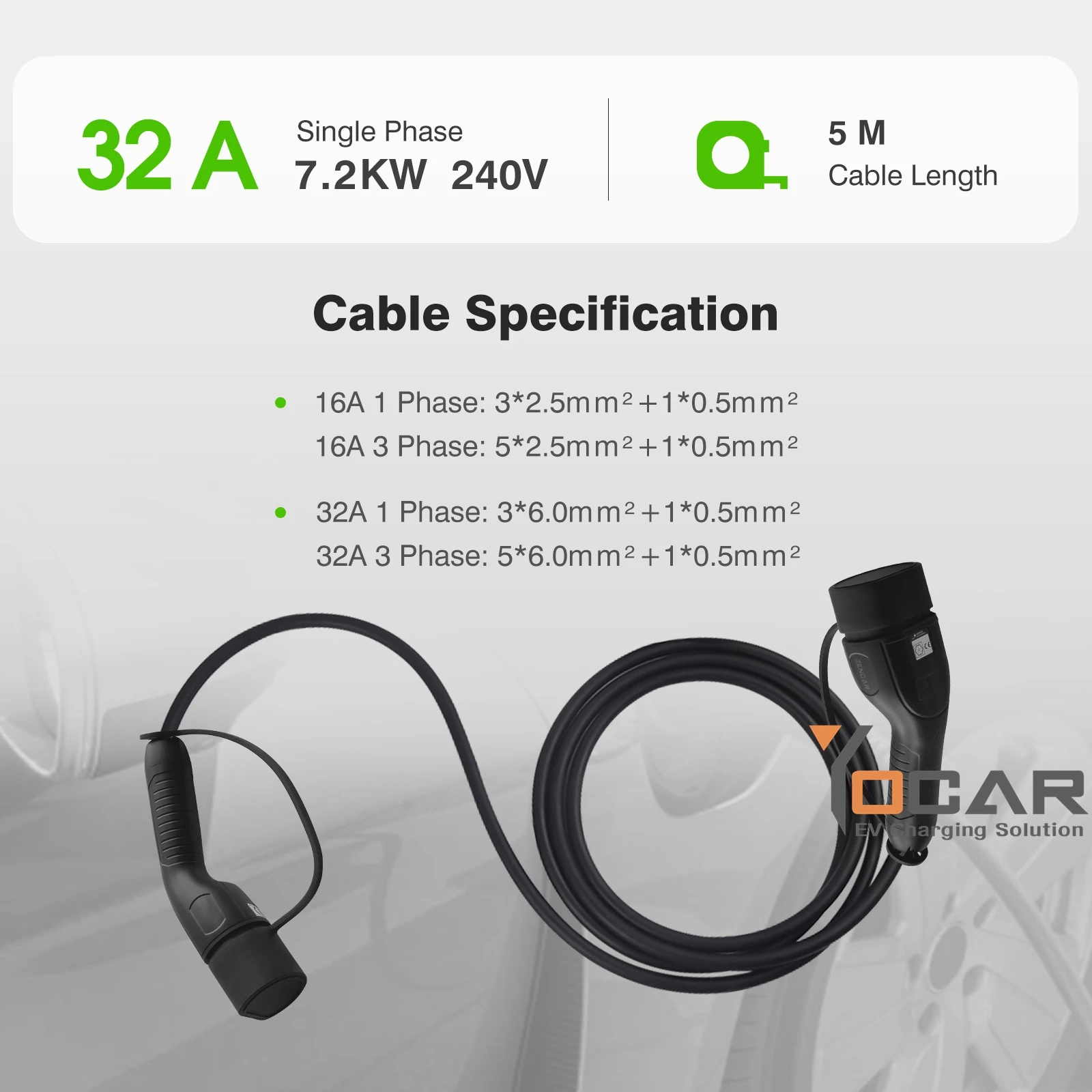 Zencar 32a 1phase 7kw Ev Charging Cable Type 2 Ev Cable For Electric ...