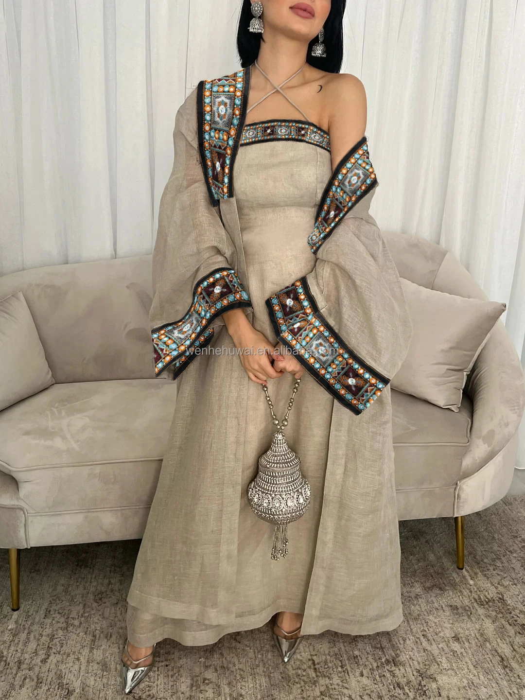 Custom OEM Arab Kuwait Ramadan Lace Cardigan Abaya Set