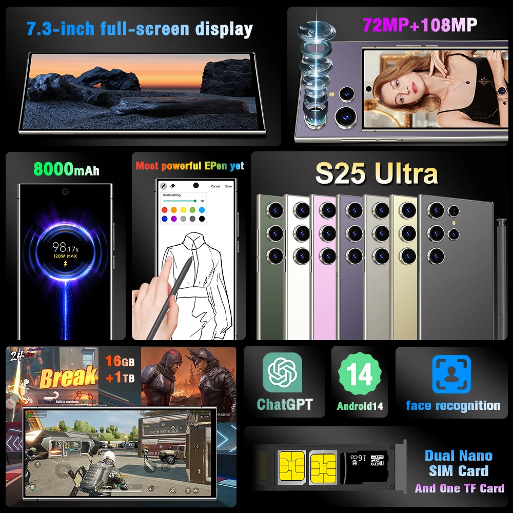 2025 New S25 Android Smart Phone Ultrs Big 7.3-Inch Water Drop Screen ...