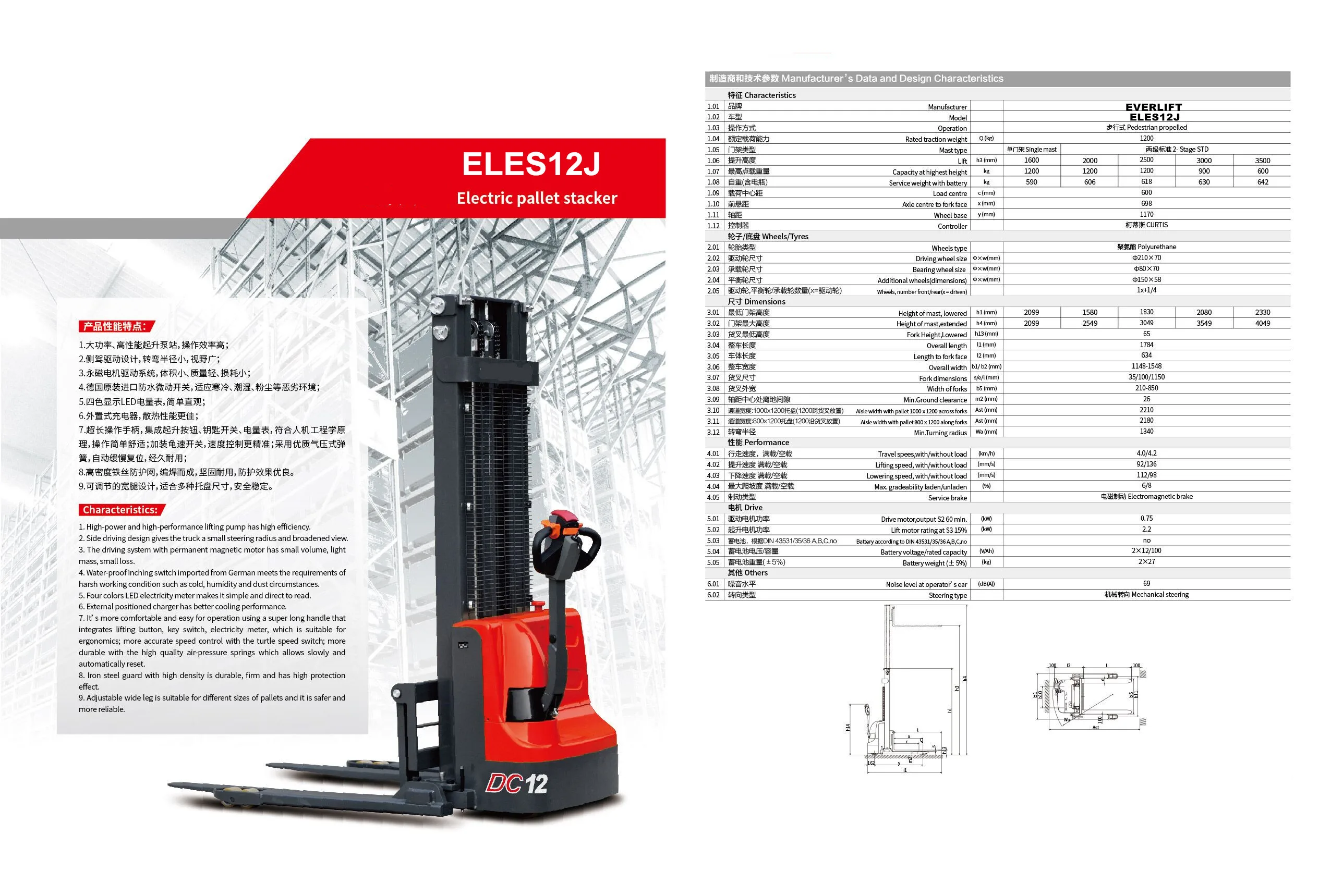 Everlift Electric Pallet Stacker 1200kg 1500kg Eles-12j /15j Fully ...