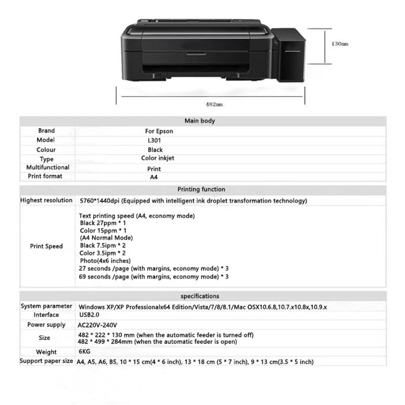 Epson L301 A4 Dye Sublimation Printer & Inkjet Color Printer, Used