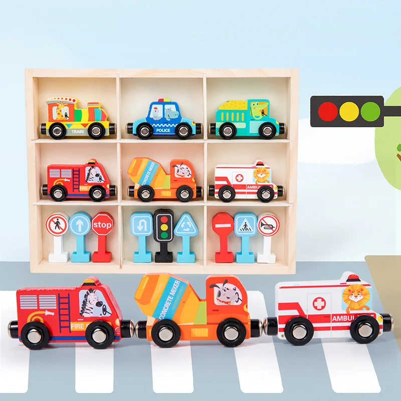 Wooden Four Wheeled Toy Car Traffic Train Road Signs Children's ...