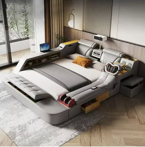 Smart Leather Bed With Storage With Massage Function Bed With USB ...