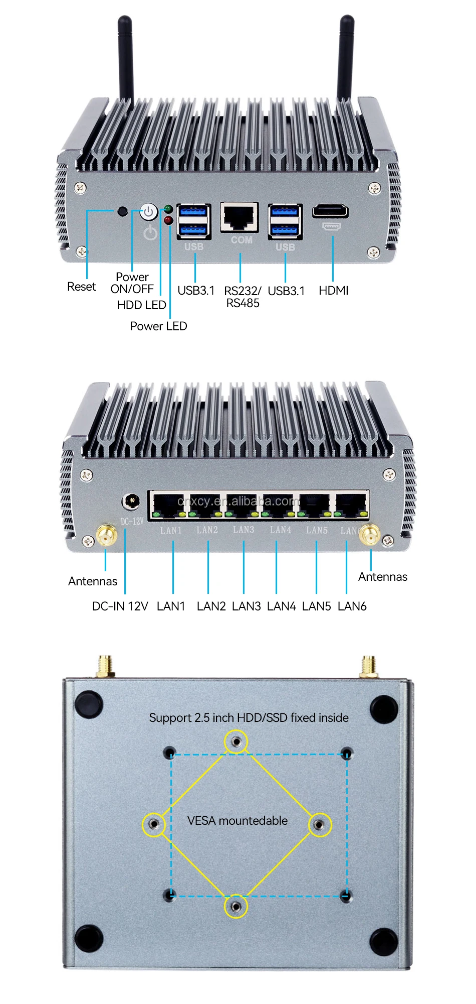XCY Mini PC with I5-1135g7, 6 LAN Ports, and Fanless Cooling