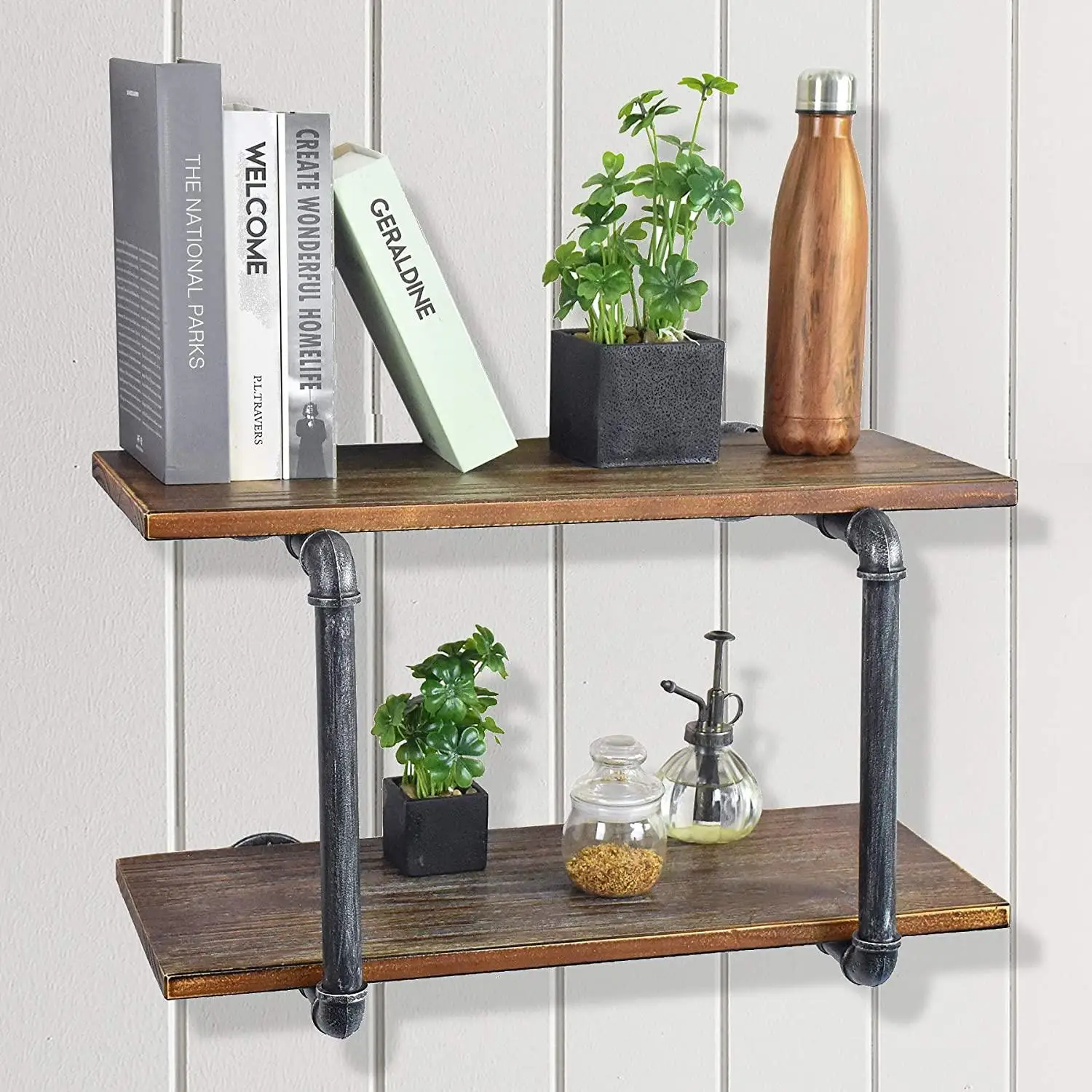 6-tier Black Industrial Pipe Shelf - Rustic Wood Wall Storage