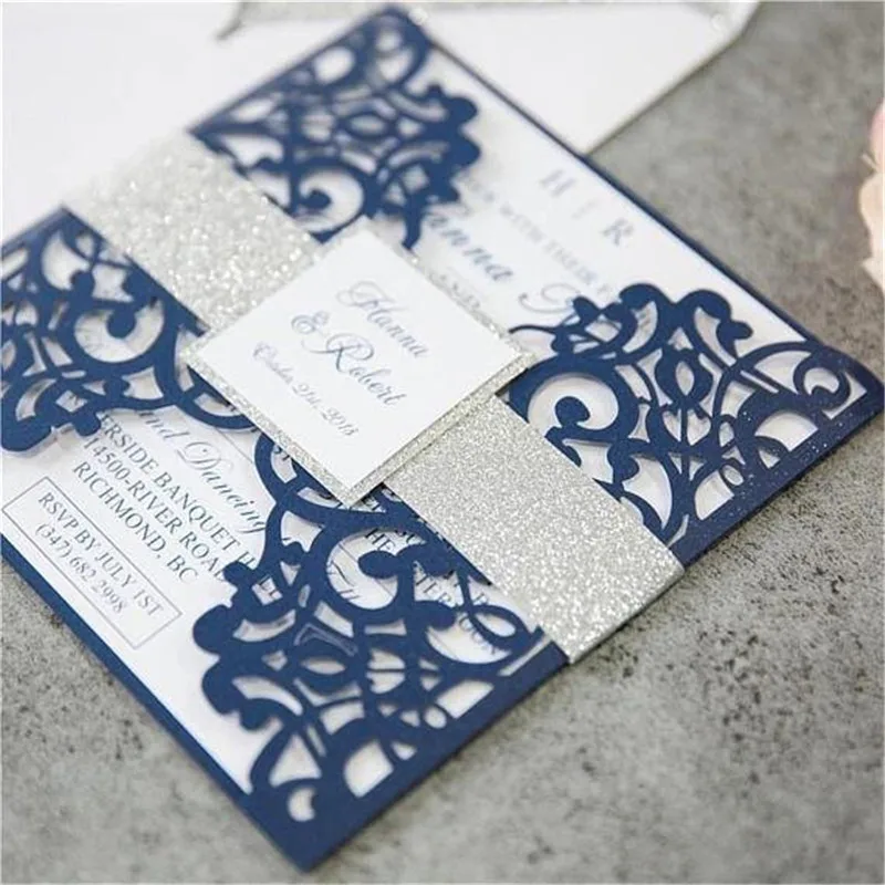 Laser Cut Navy Blue Wedding Invitation Card with Silver Glitter Belt ...