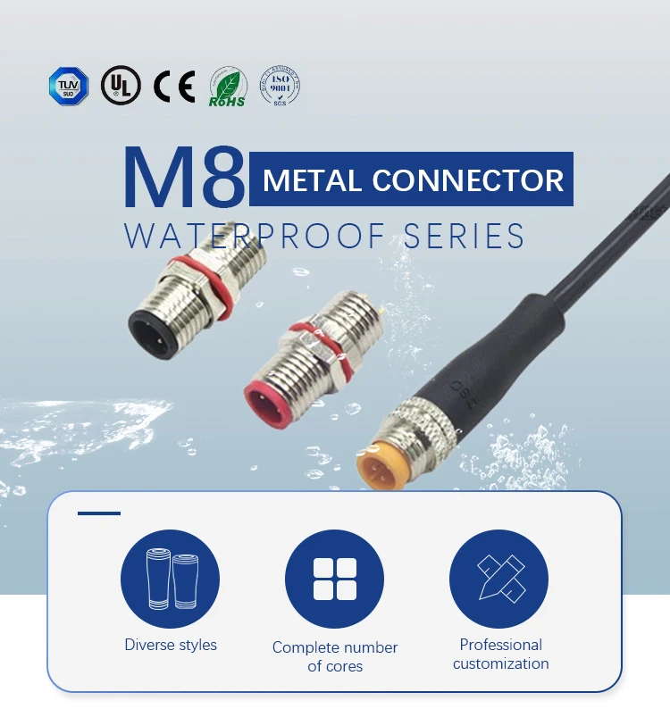 M8 Metal Connector Round Connector M8 4 Poles With Cable M8 Waterproof Connector 4 Pin With ...
