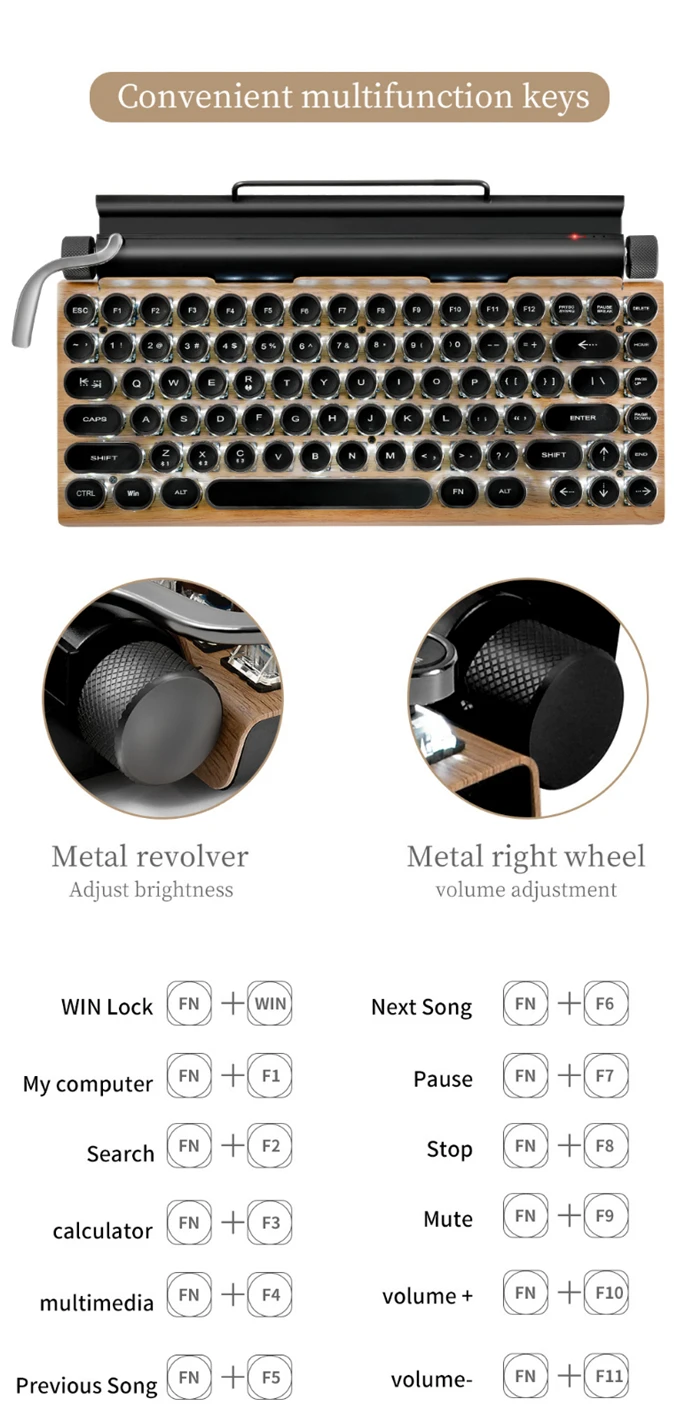 Retro Wood Grain Typewriter Keyboard,Gaming Keyboard With White Back ...