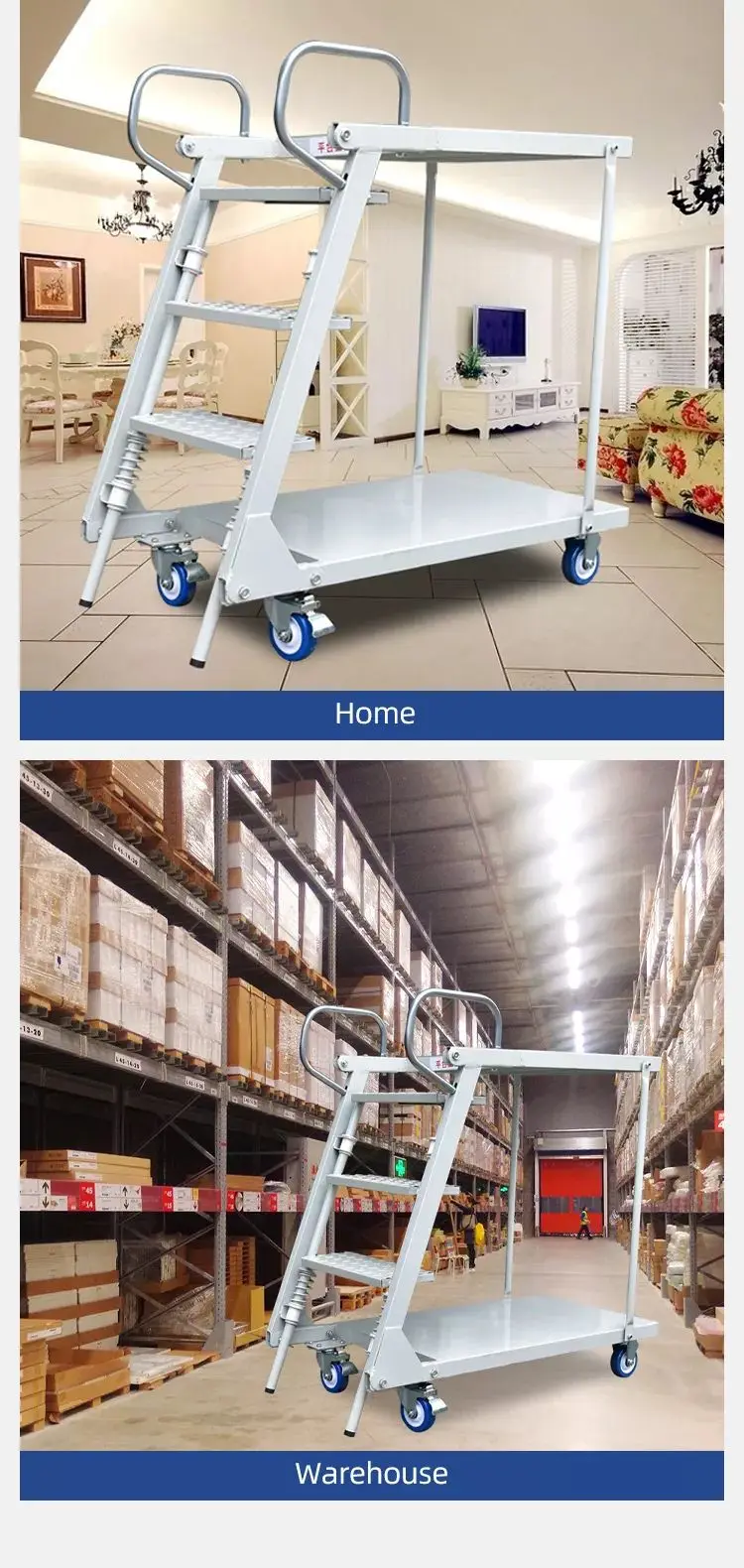 Warehouse Steel Rolling Mobile Step Platform Ladder Cart with Wheels