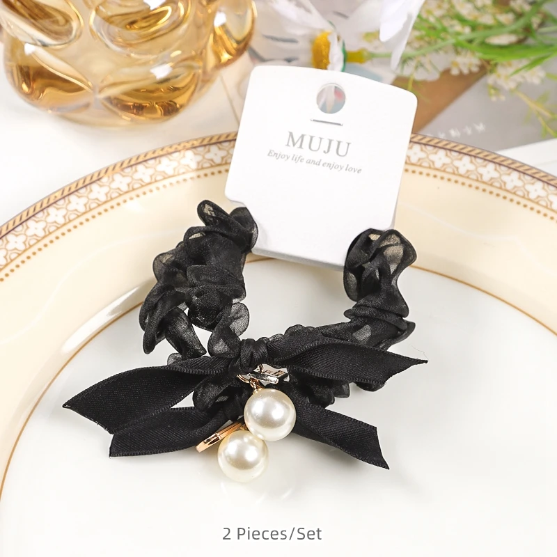 2Piece of High-grade Pearl Streamer Hair Ties Leather Sweet Girl Hair ...