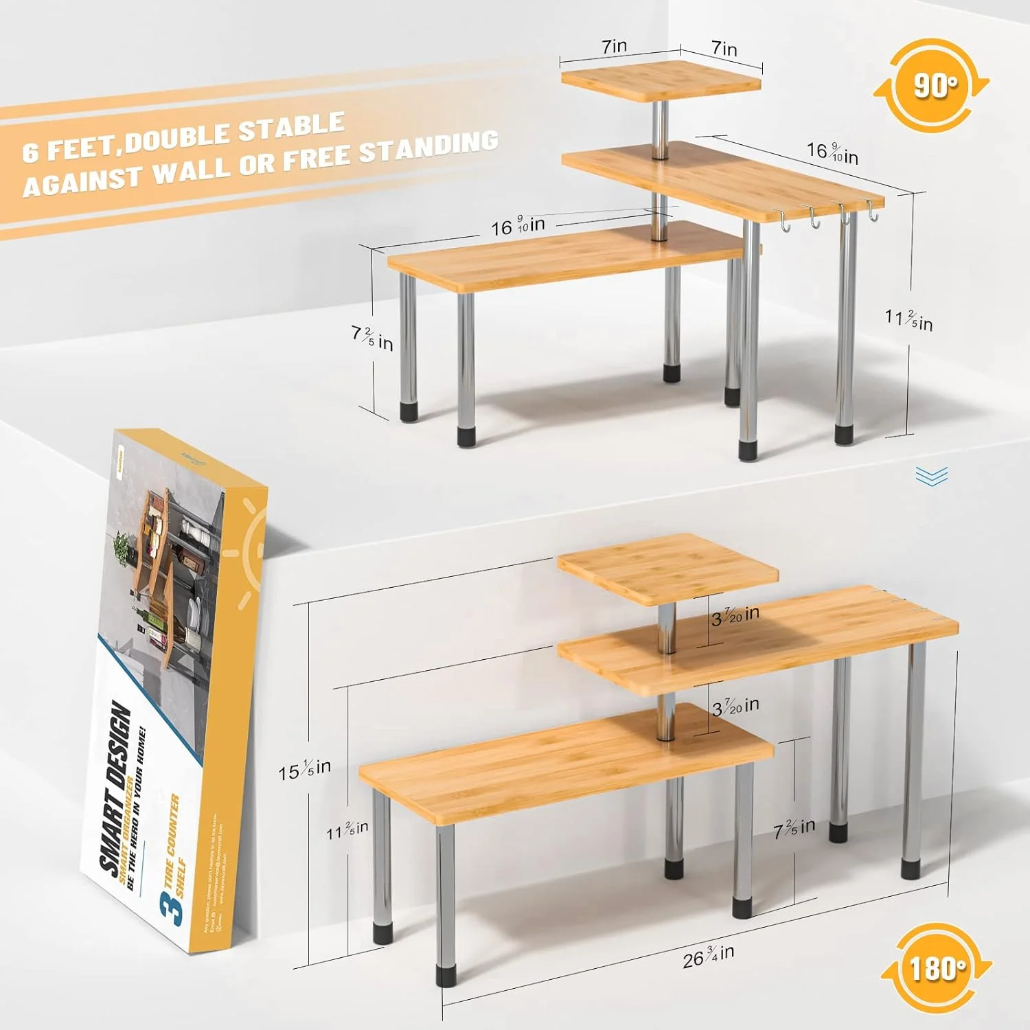 3-tier Adjustable Bamboo Kitchen Countertop Organizer Corner Shelf ...