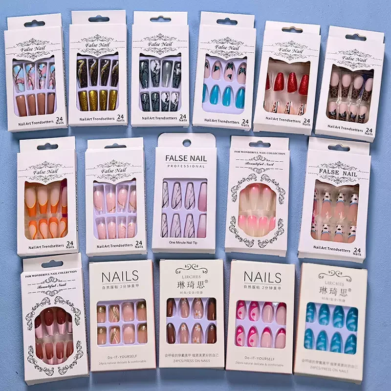 Wholesale Gold Line Artifical Fake False Nails Bling Glitter Short ...