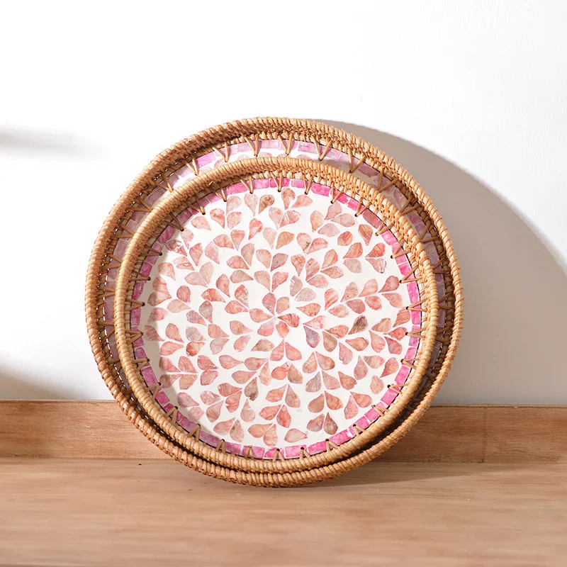 Unique Exotic Handmade Pearl Round Rattan Woven Snack Tray Creative ...
