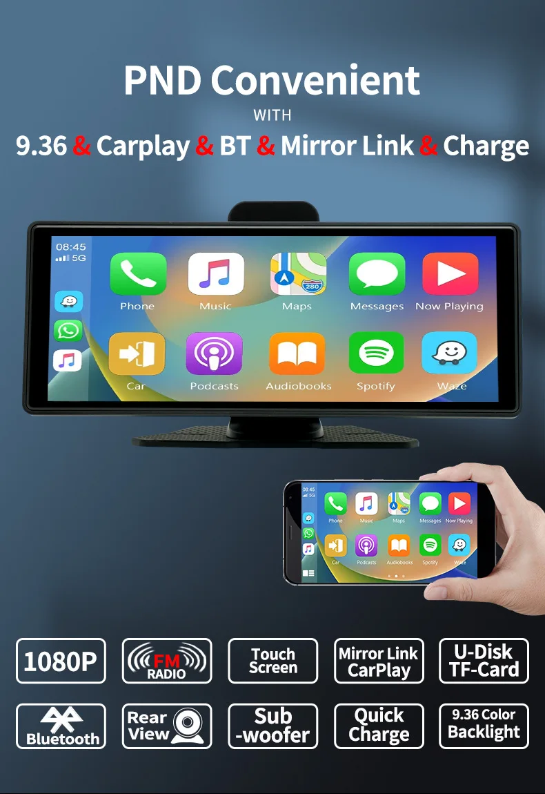 Wireless Car Dvr With Camera Mp5 Player Portable Pnd Gps Navigator Carplay Mirror Link Screen 9. ...