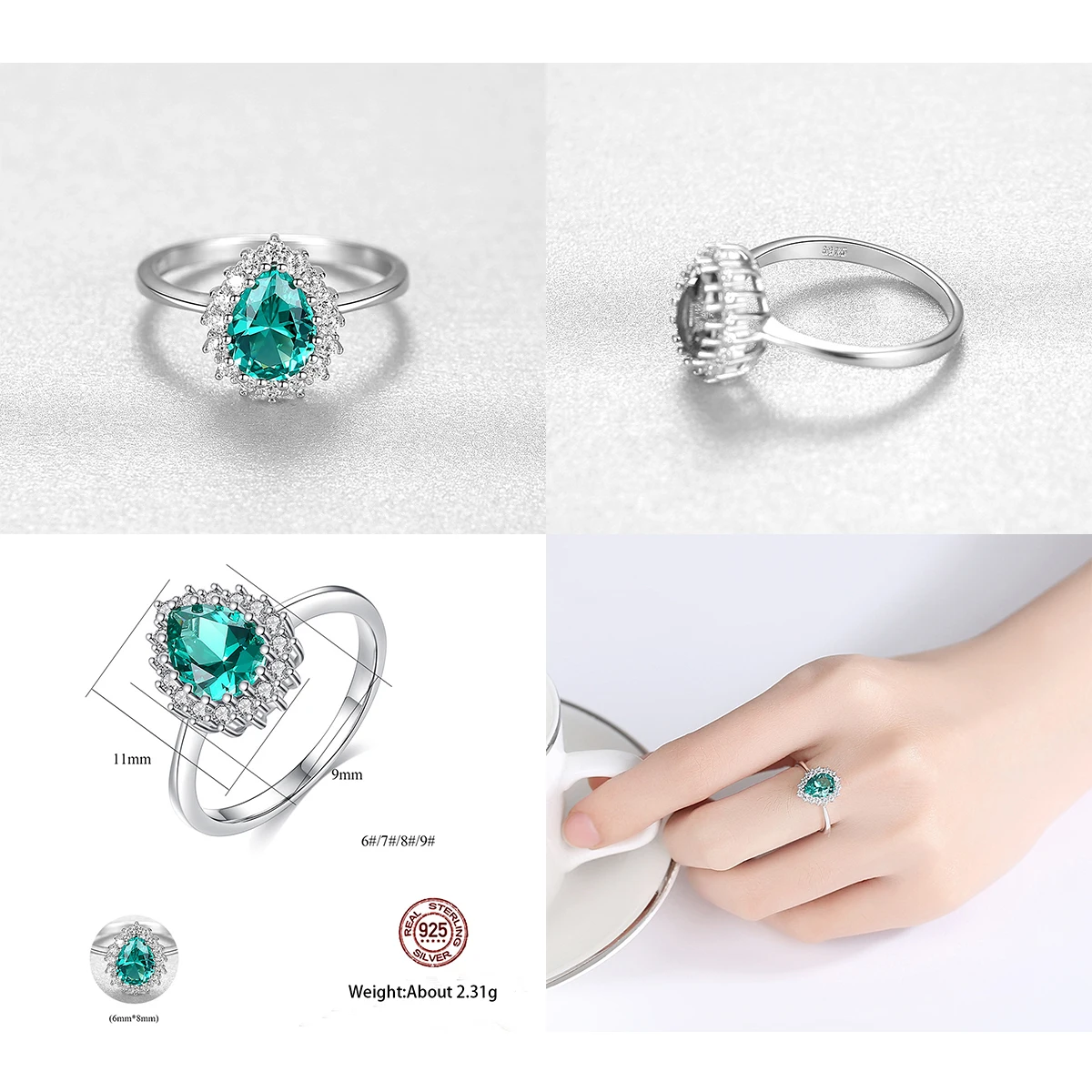 Wholesale High Quality Wedding Engagement Jewelry Set S925 Sterling Silver Waterdrop Emerald ...