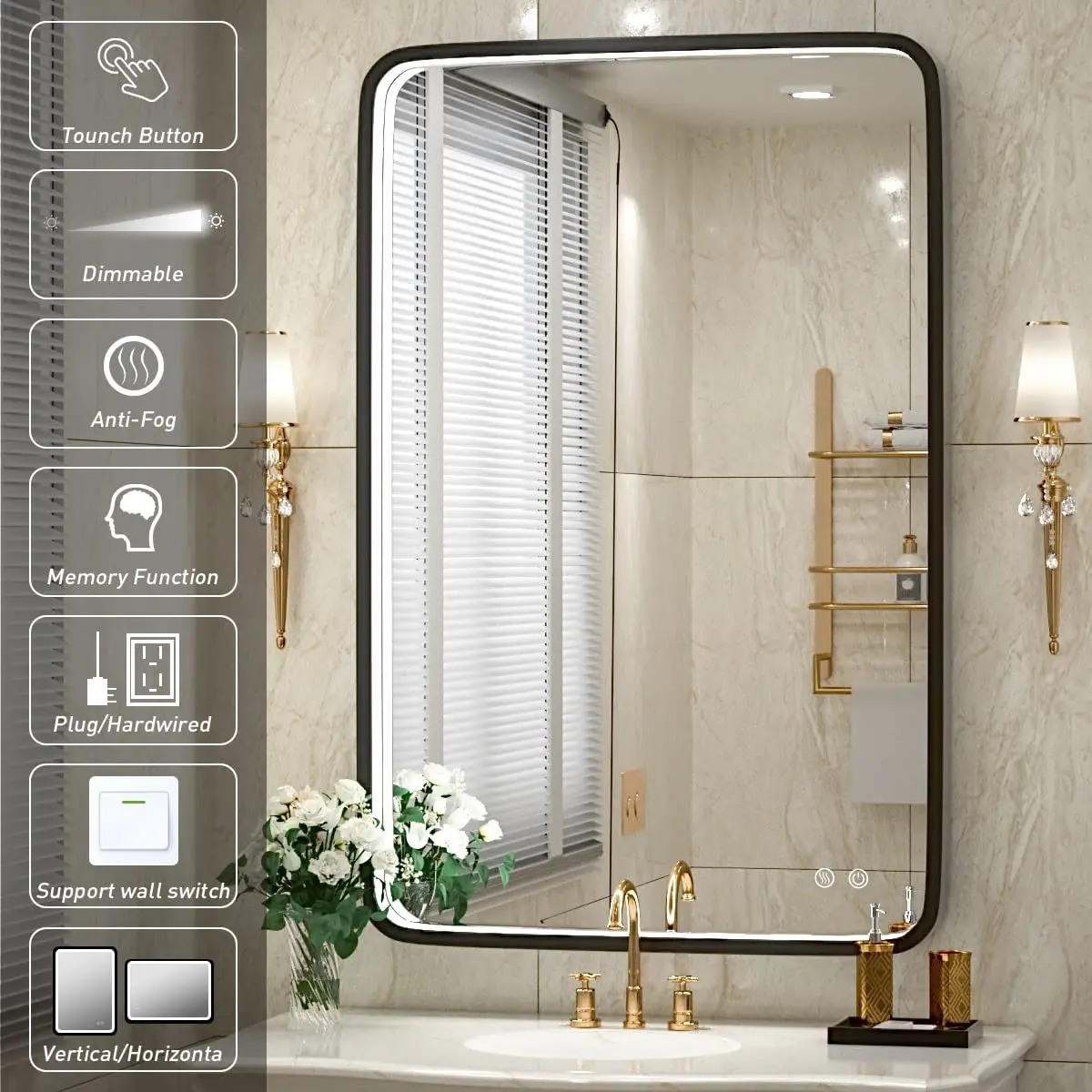 Front and Backlit Lighted Vanity Mirror With Black Frame Led Bathroom ...